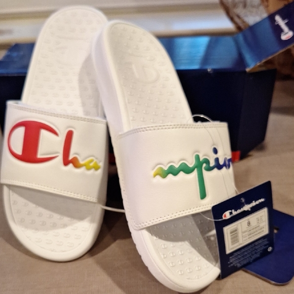 Champion | Shoes | Champion White Slide Sandals With Colorful Logo ...